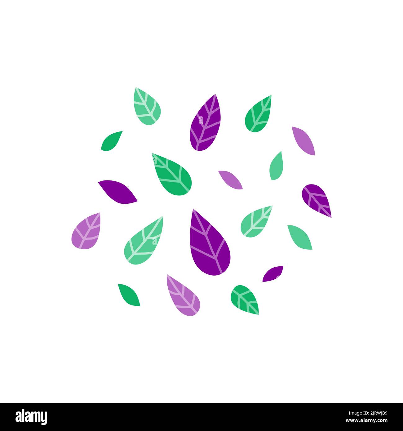 Group of simple doodle leaves in green and purple colors isolated on ...