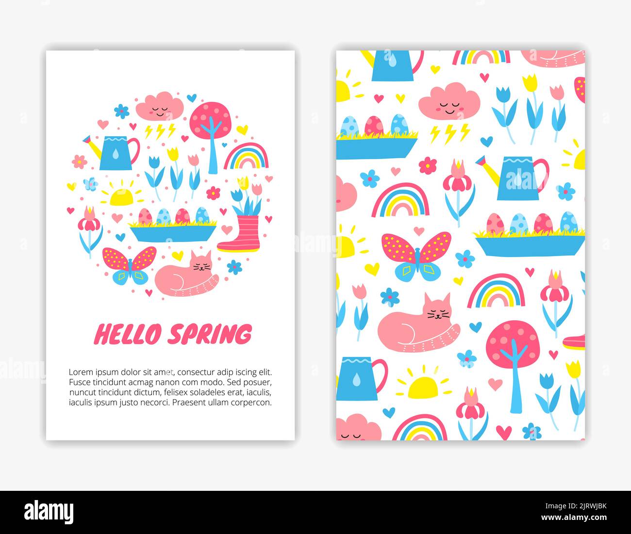 Card templates with doodle colorful spring icons. Used clipping mask ...