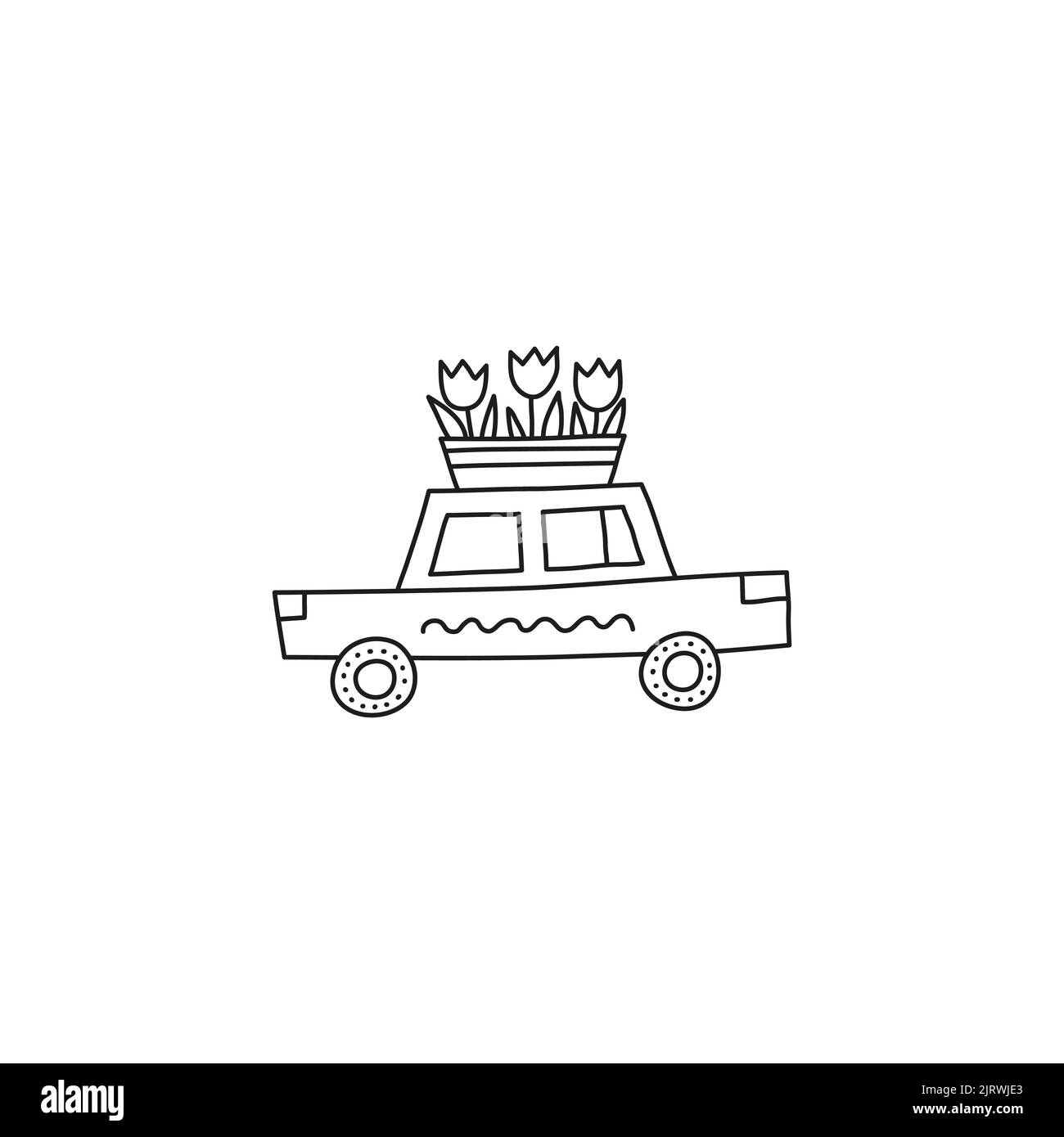 Doodle outline car with tulip flowers in container isolated on white ...