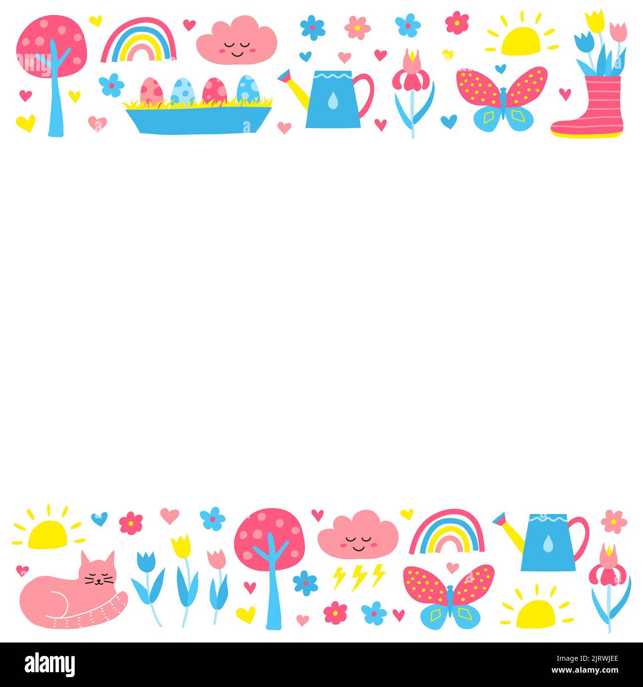 Poster with doodle colorful spring icons on white background. Perfect ...