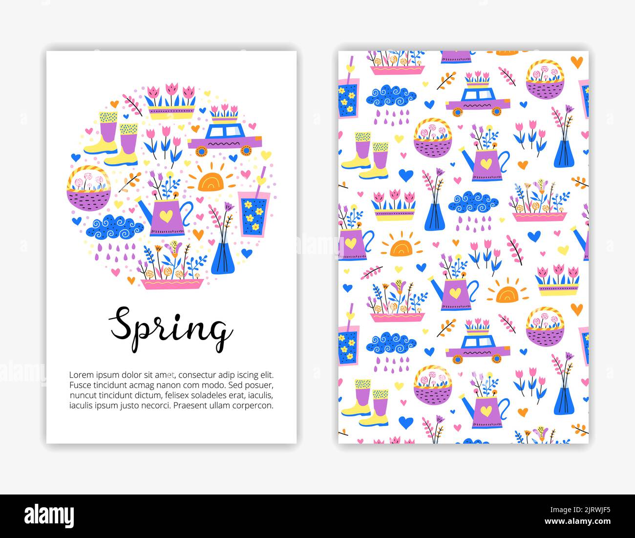 Card templates with doodle colorful spring icons. Used clipping mask ...
