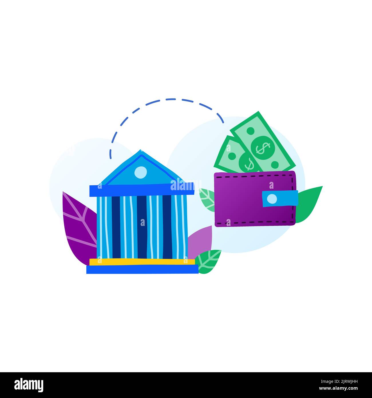 Flat doodle bank icon, wallet with dollar banknotes and leaves in ...