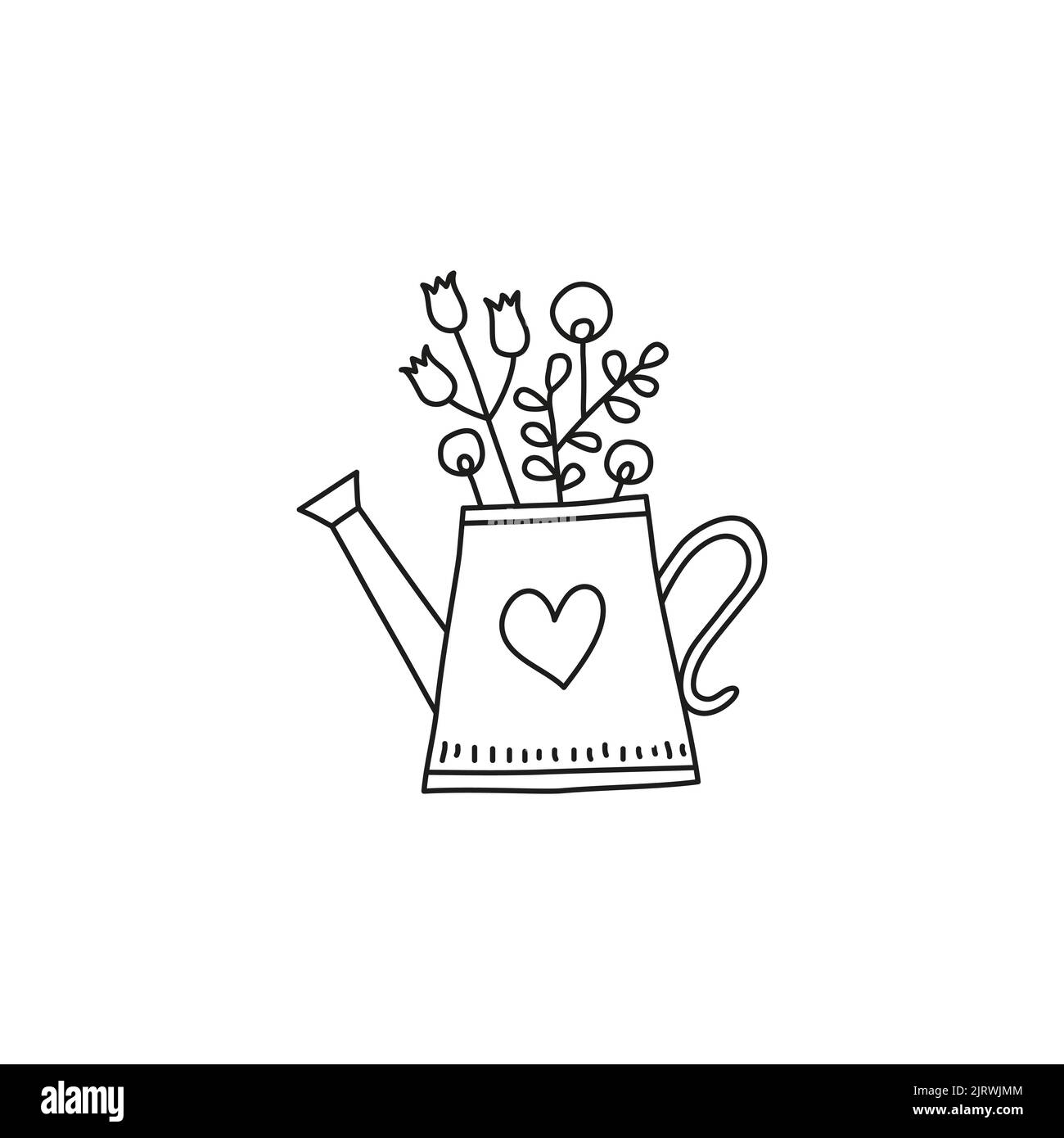 Doodle outline watering can with bouquet of wild flowers isolated on ...