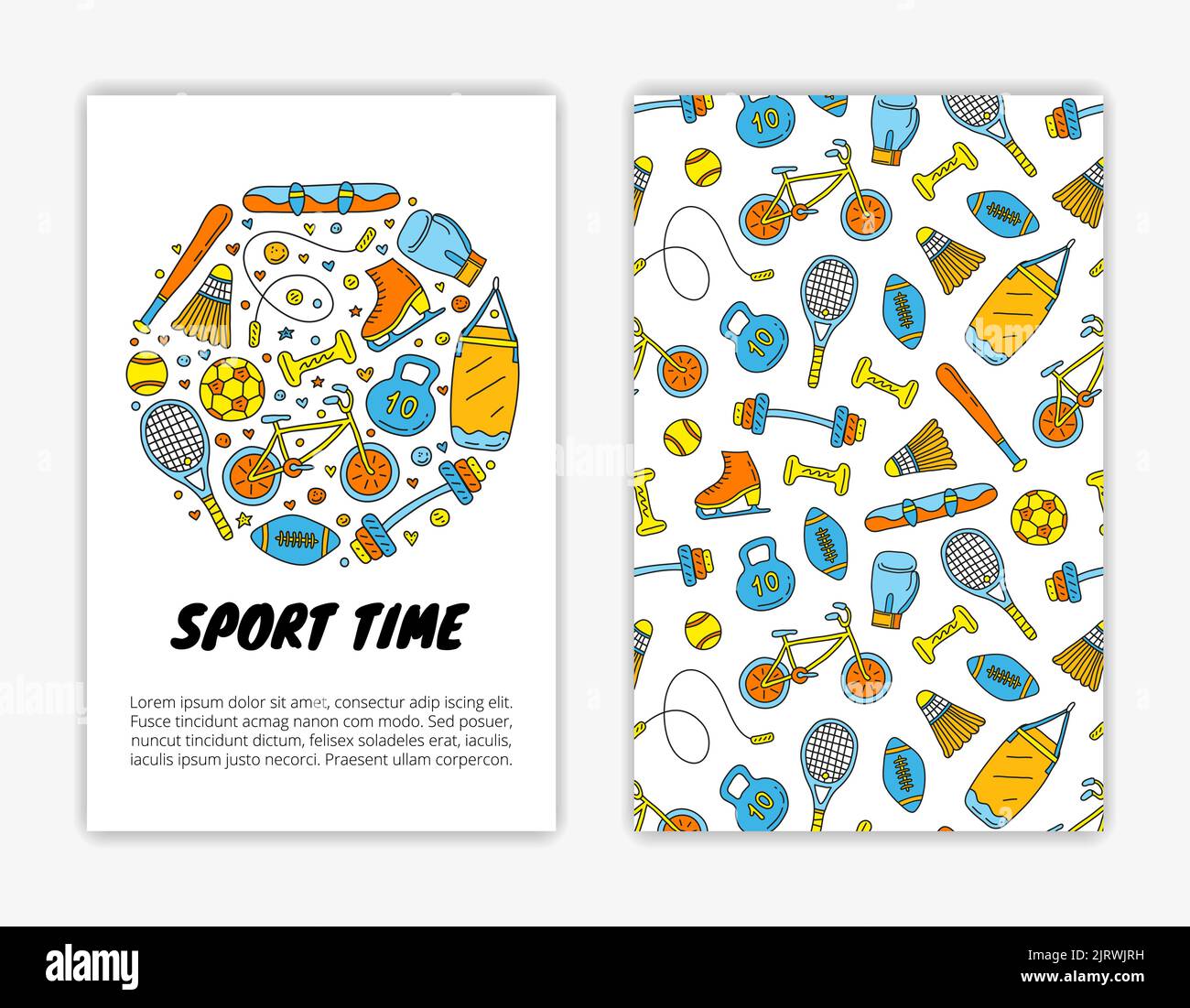 Card templates with doodle colored sport items, equipment. Used ...