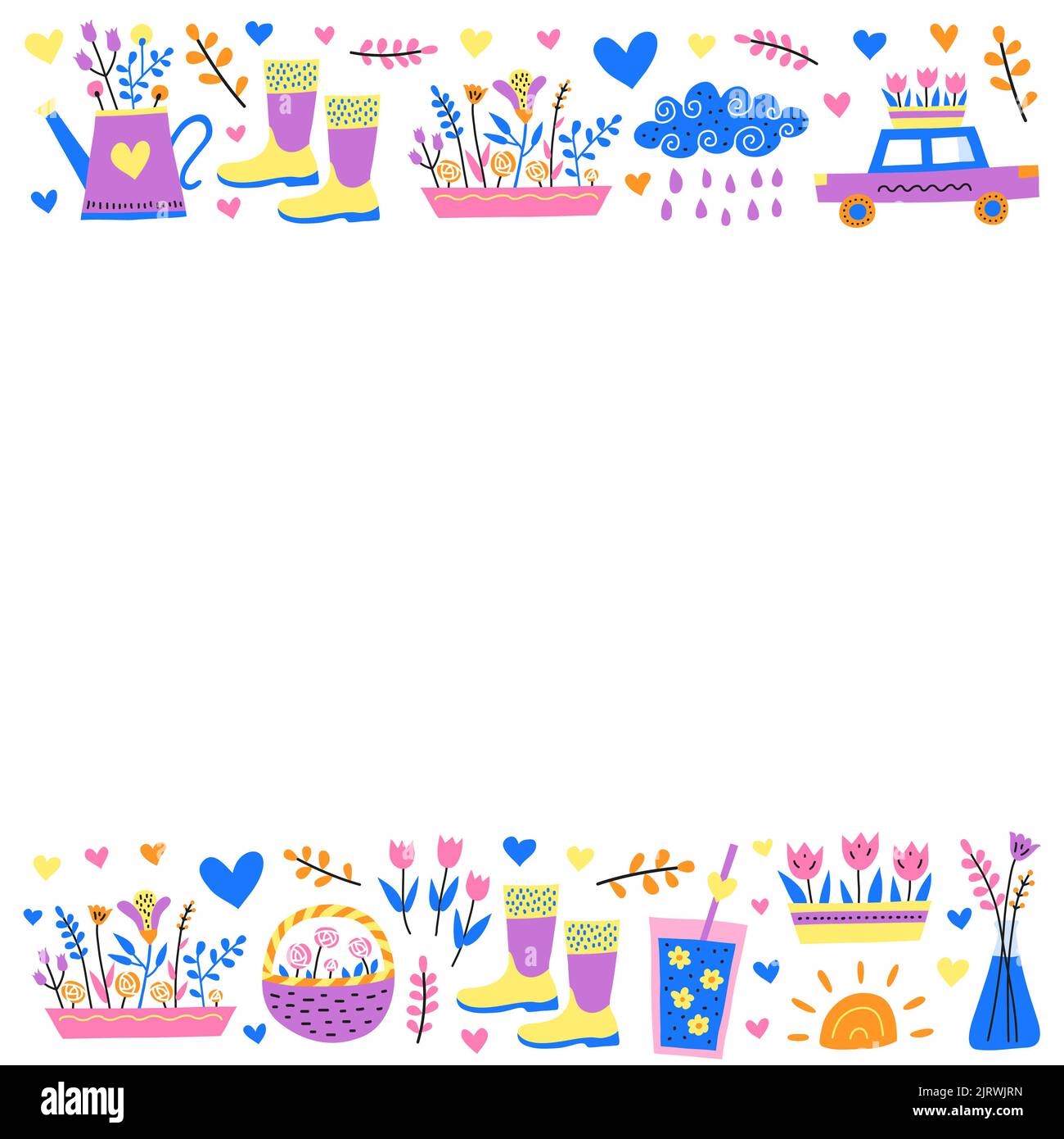 Poster with doodle colorful spring icons on white background. Perfect ...