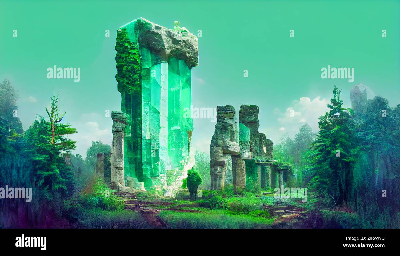 3D render of colossal abstract sureals emerald stone ruins Stock Photo ...