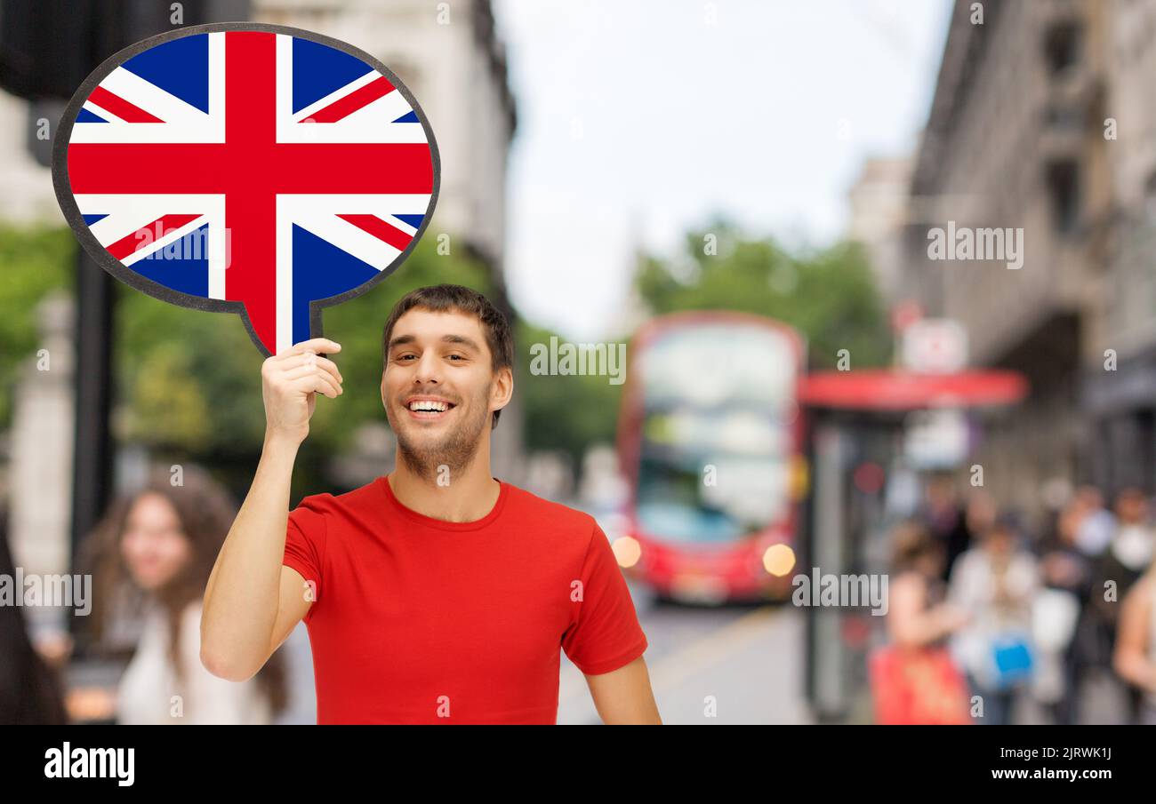 smiling man with british flag on text bubble Stock Photo - Alamy