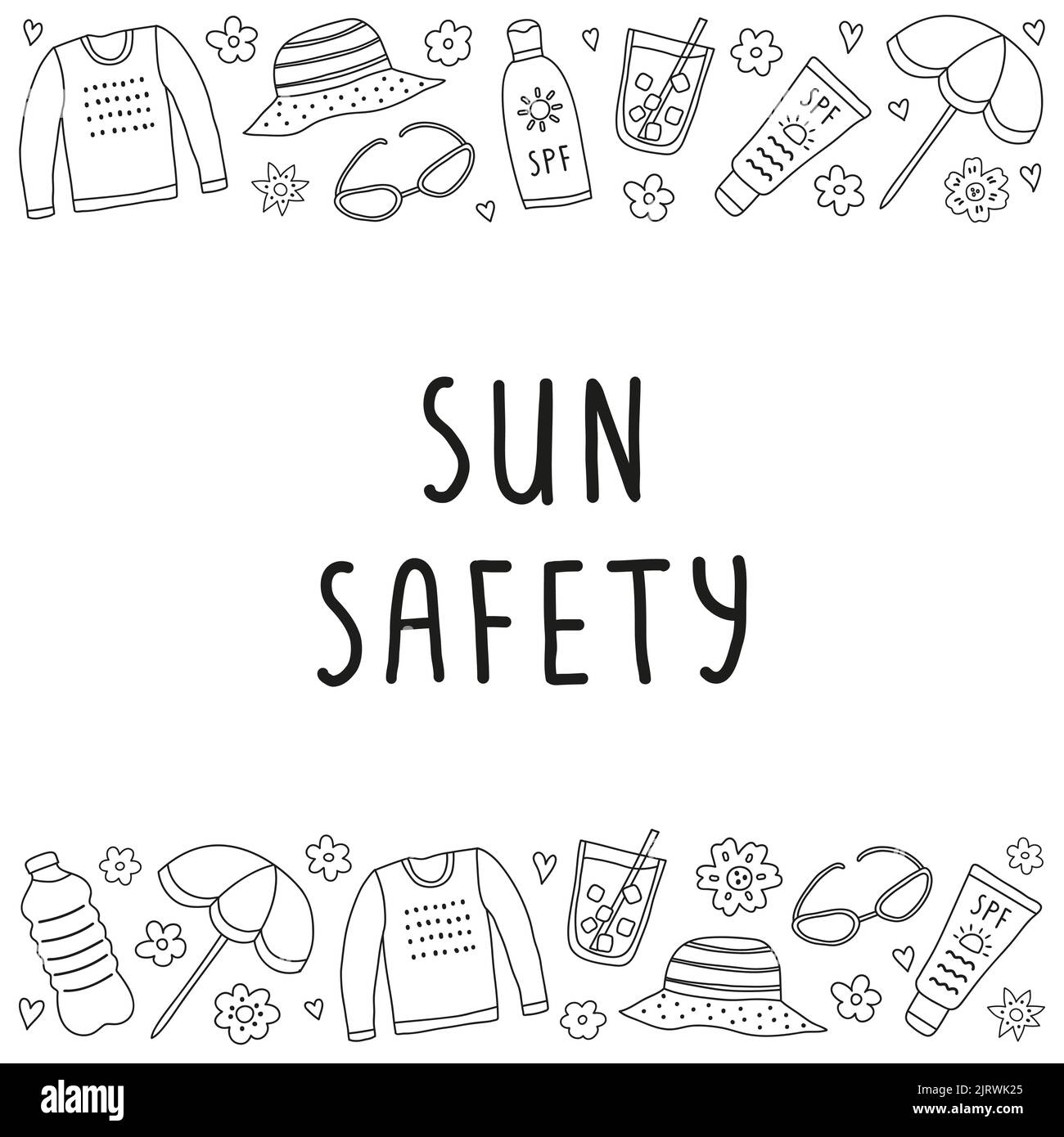 Poster with doodle outline sun safety icons and lettering on white ...