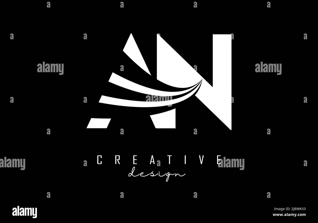 White letter AN A N logo with leading lines and road concept design ...