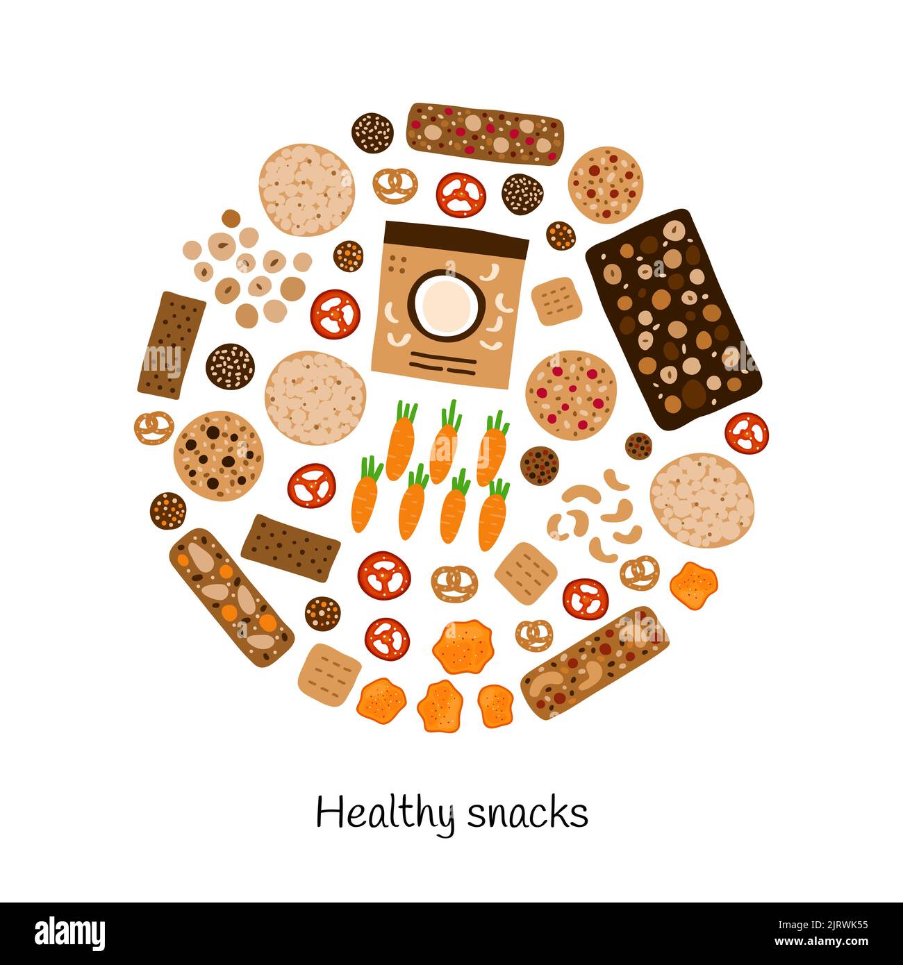 Doodle colored healthy snacks including granola bars, whole grain ...