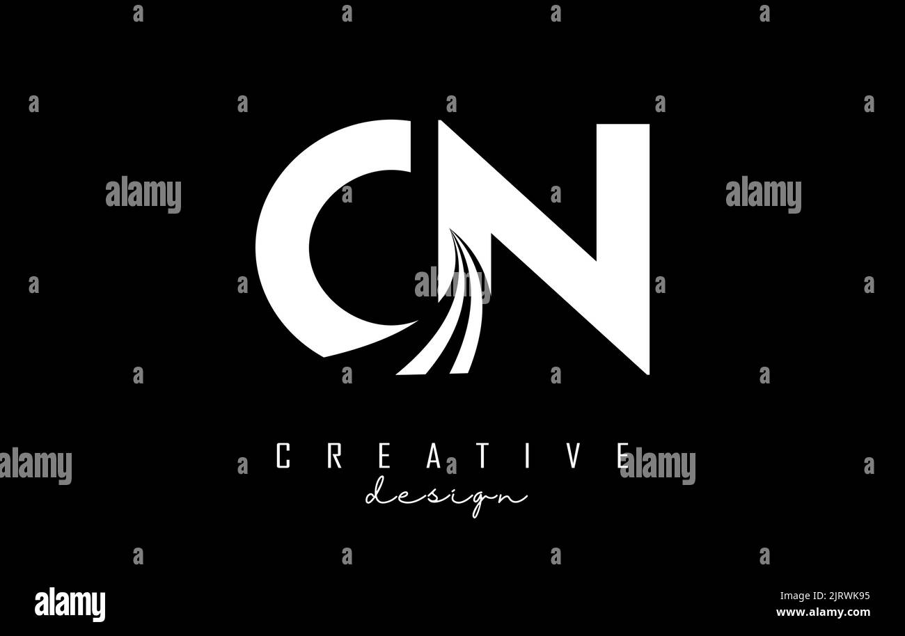 White letter CN c n logo with leading lines and road concept design ...