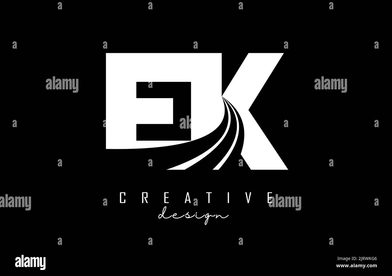 Creative white letter Ek e k logo with leading lines and road concept ...
