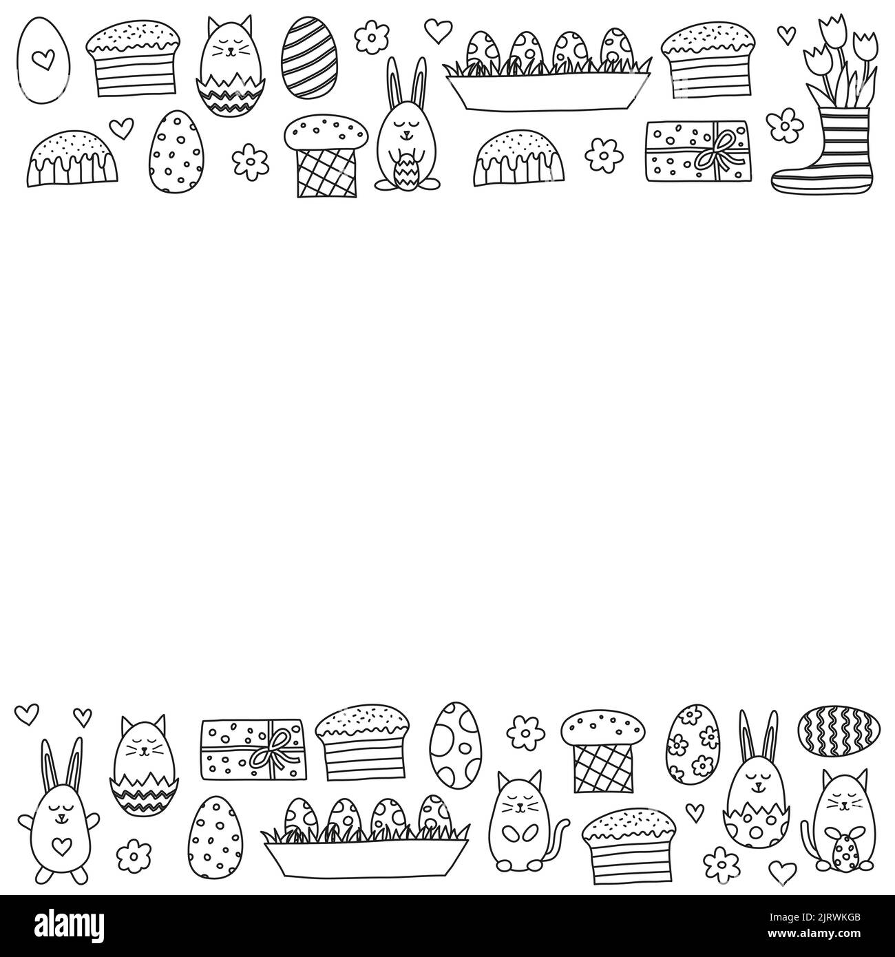Poster with cute doodle outline Easter icons on white background Stock ...