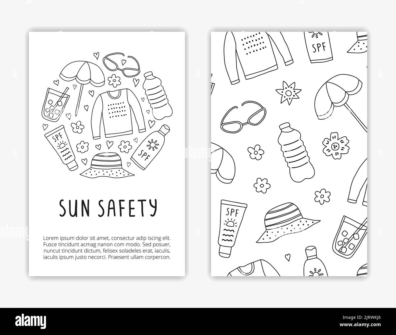 Card templates with doodle outline sun safety icons. Used clipping mask ...