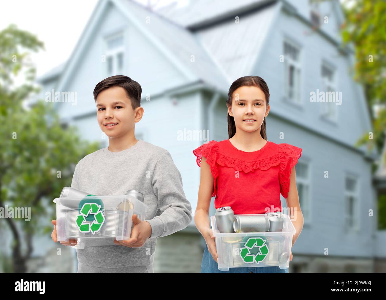 happy children sorting metallic waste Stock Photo - Alamy