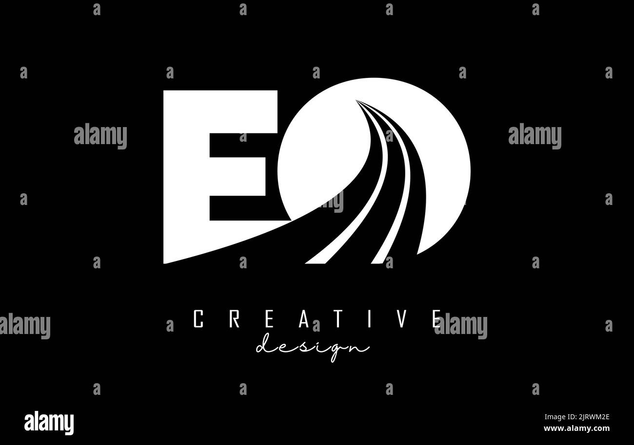 Creative white letter EO e o logo with leading lines and road concept ...
