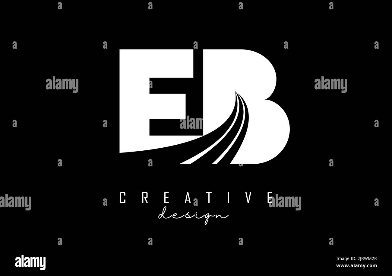 Creative white letter EB e b logo with leading lines and road concept ...