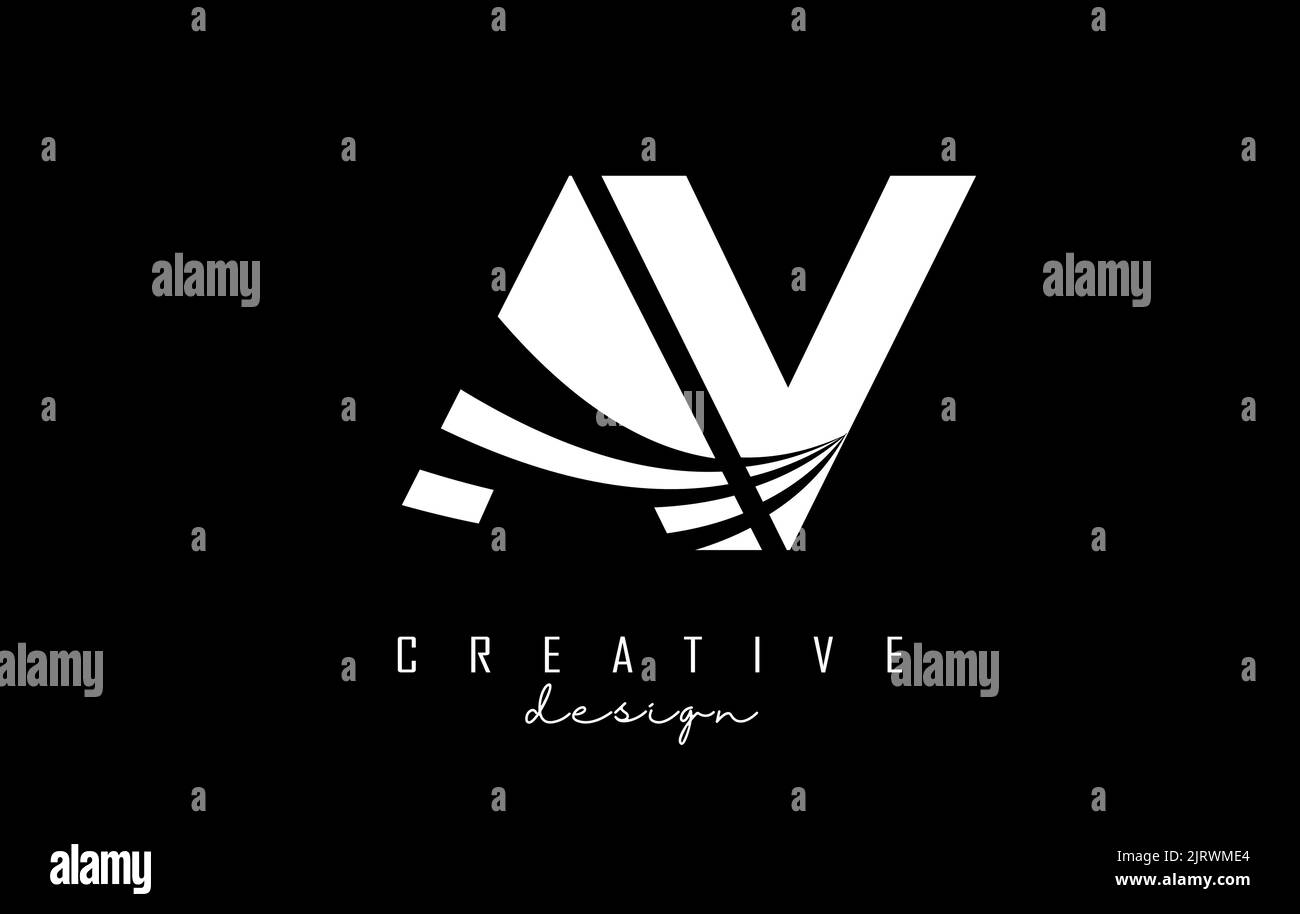 White letter AV A V logo with leading lines and road concept design ...