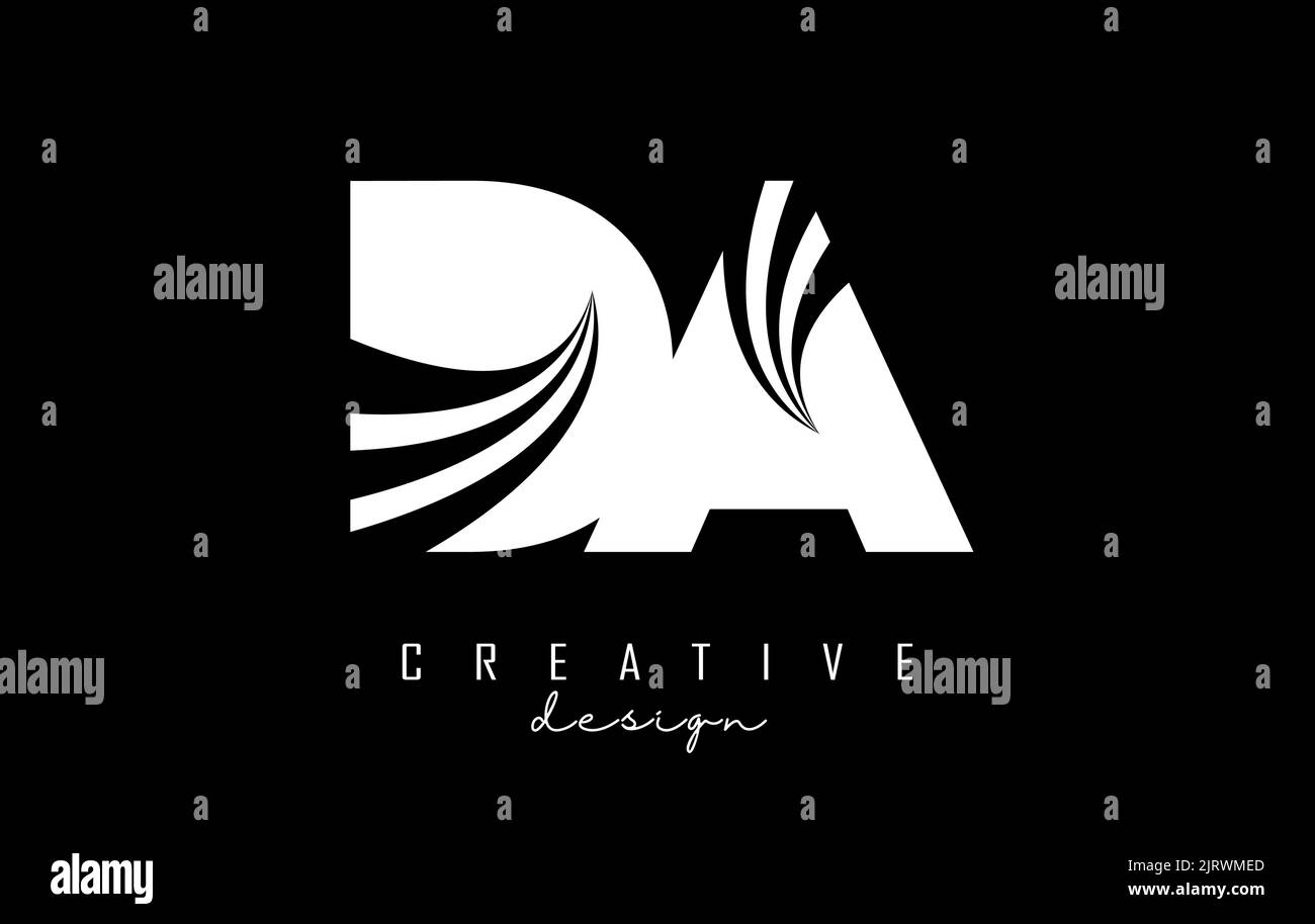 Creative white letter DA d a logo with leading lines and road concept ...