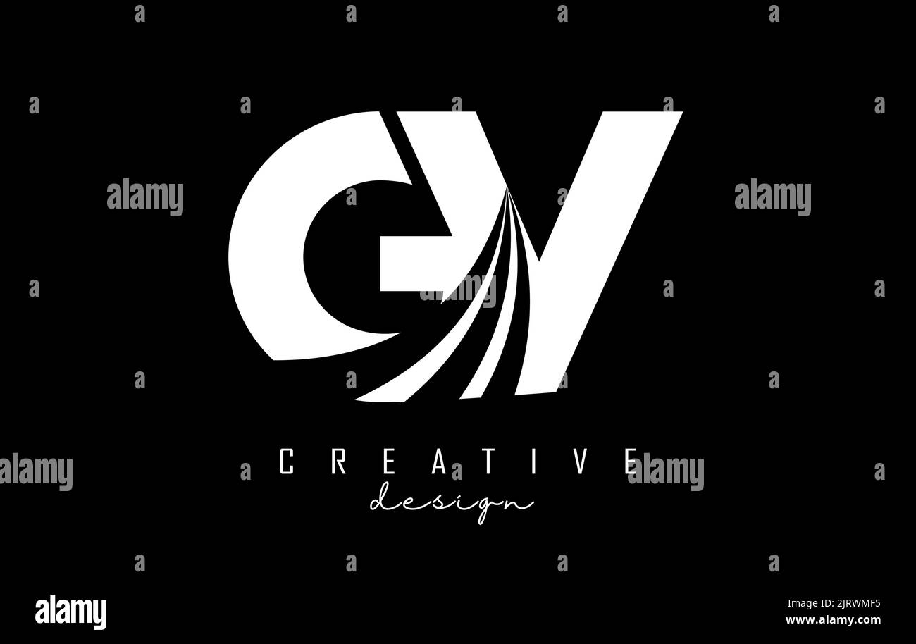 Creative white letter GV g v logo with leading lines and road concept ...