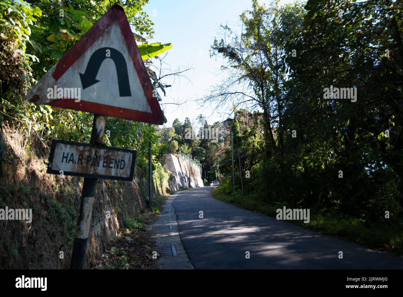 A triangle street sign near a narrow roadway with trees in the ...