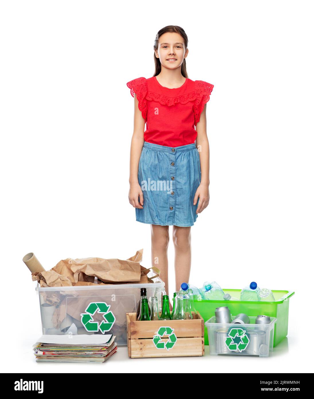 happy girl sorting paper, metal and plastic waste Stock Photo - Alamy