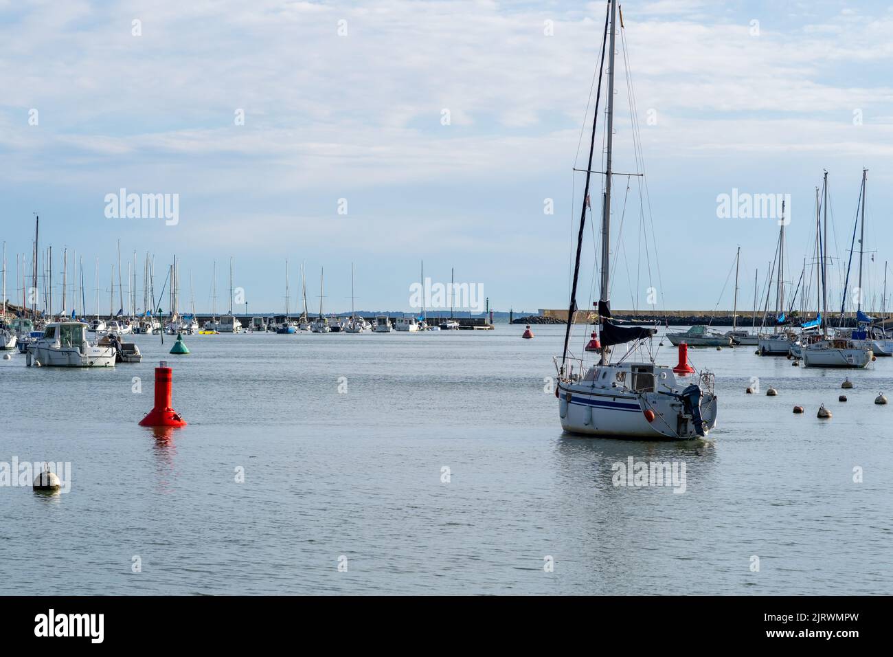 Beautiful boats parked in the port of Pornic in Britanny, France, with ...