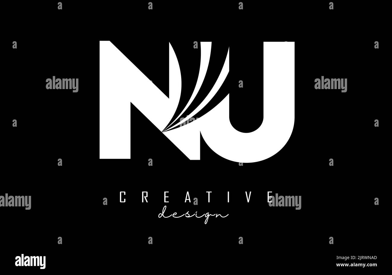 Creative white letter Nu n u logo with leading lines and road concept design. Letters with ...