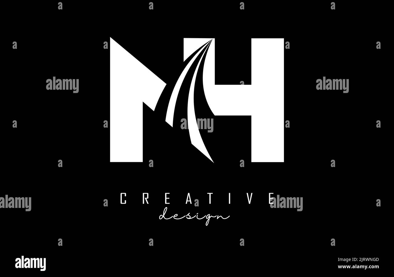Creative white letter NH n h logo with leading lines and road concept design. Letters with ...