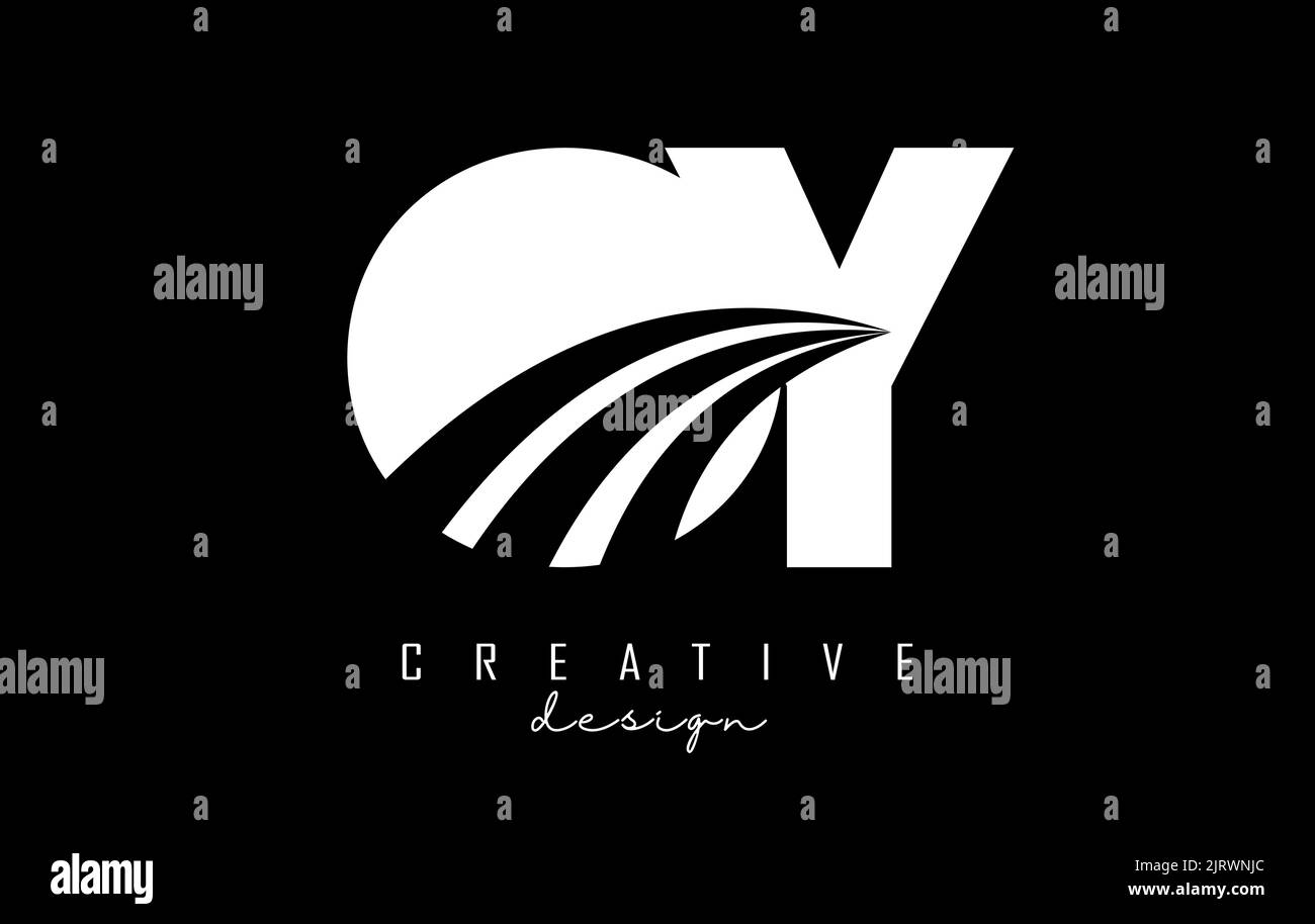 Creative white letter OY o y logo with leading lines and road concept design. Letters with ...
