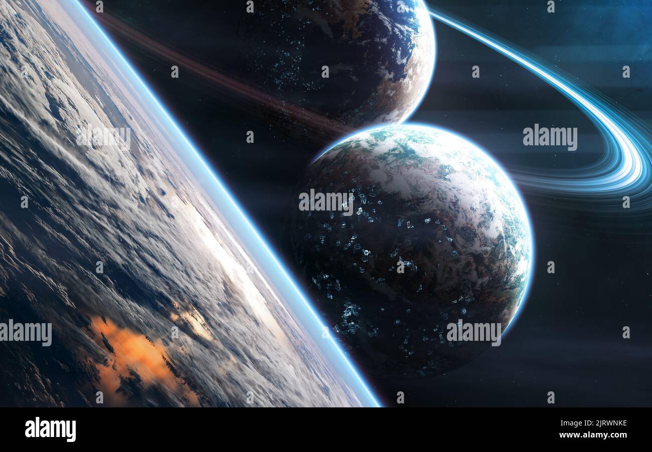 Habitable deep space planets. View from planetary orbit through space ...