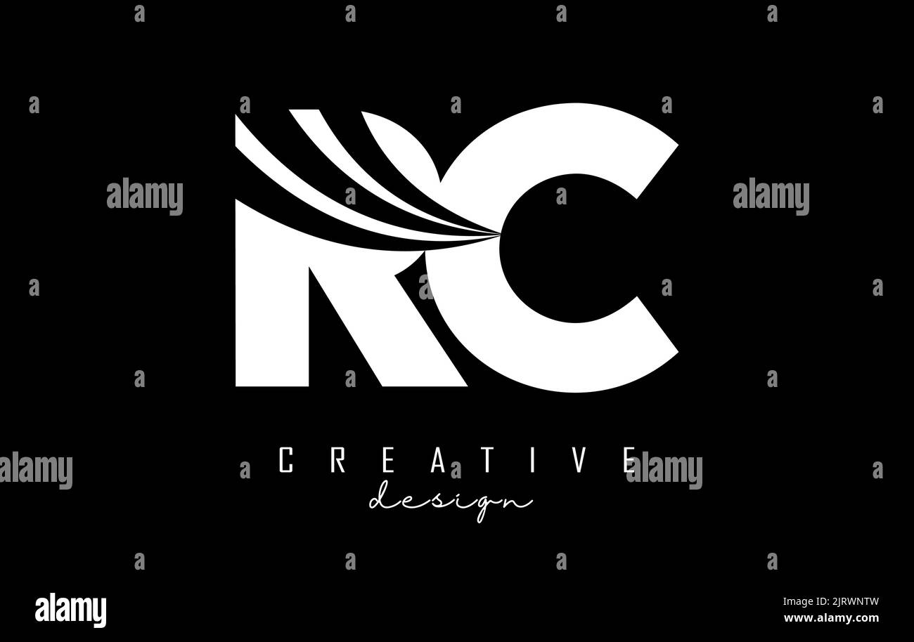 Creative white letter RC r c logo with leading lines and road concept design. Letters with ...