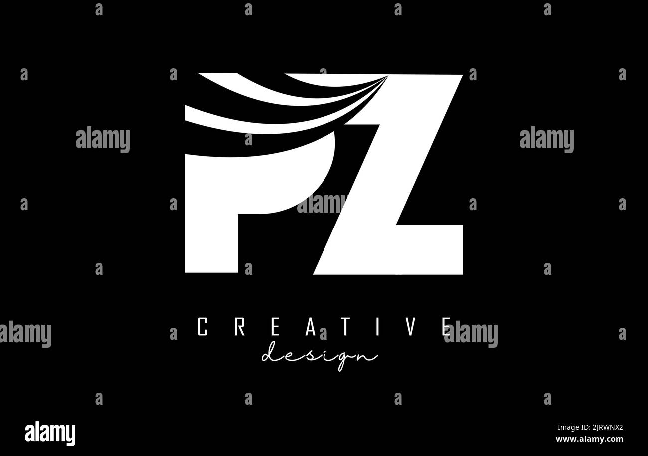 Creative white letter PZ p z logo with leading lines and road concept ...