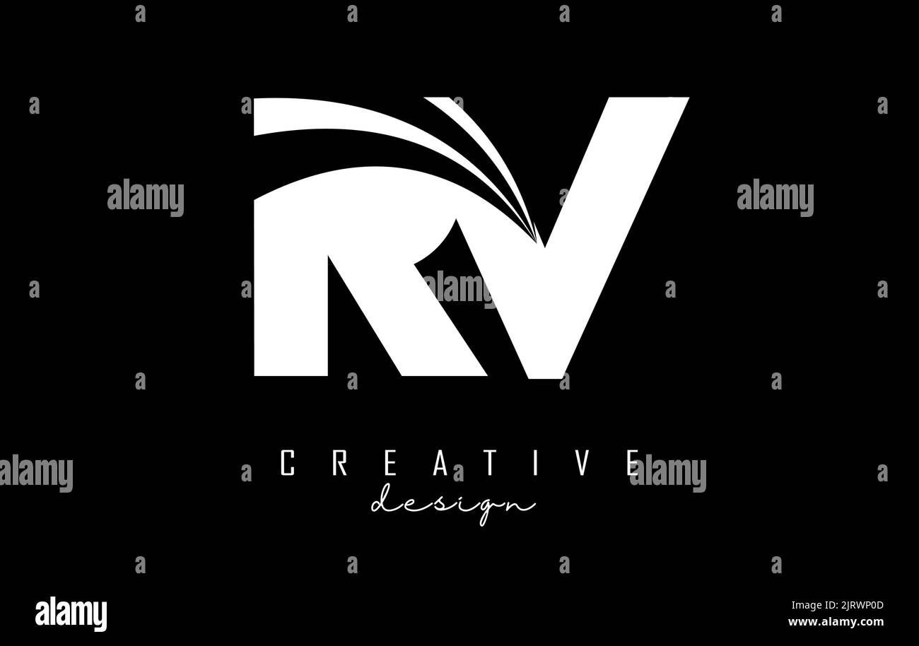 Creative white letter RV R v logo with leading lines and road concept ...