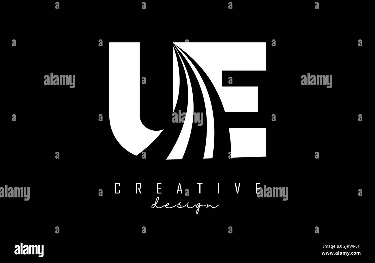 Creative white letter UE u e logo with leading lines and road concept ...