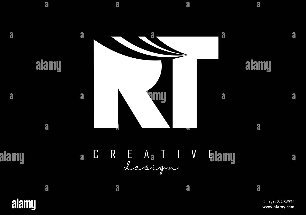 Creative white letter RT R T logo with leading lines and road concept ...