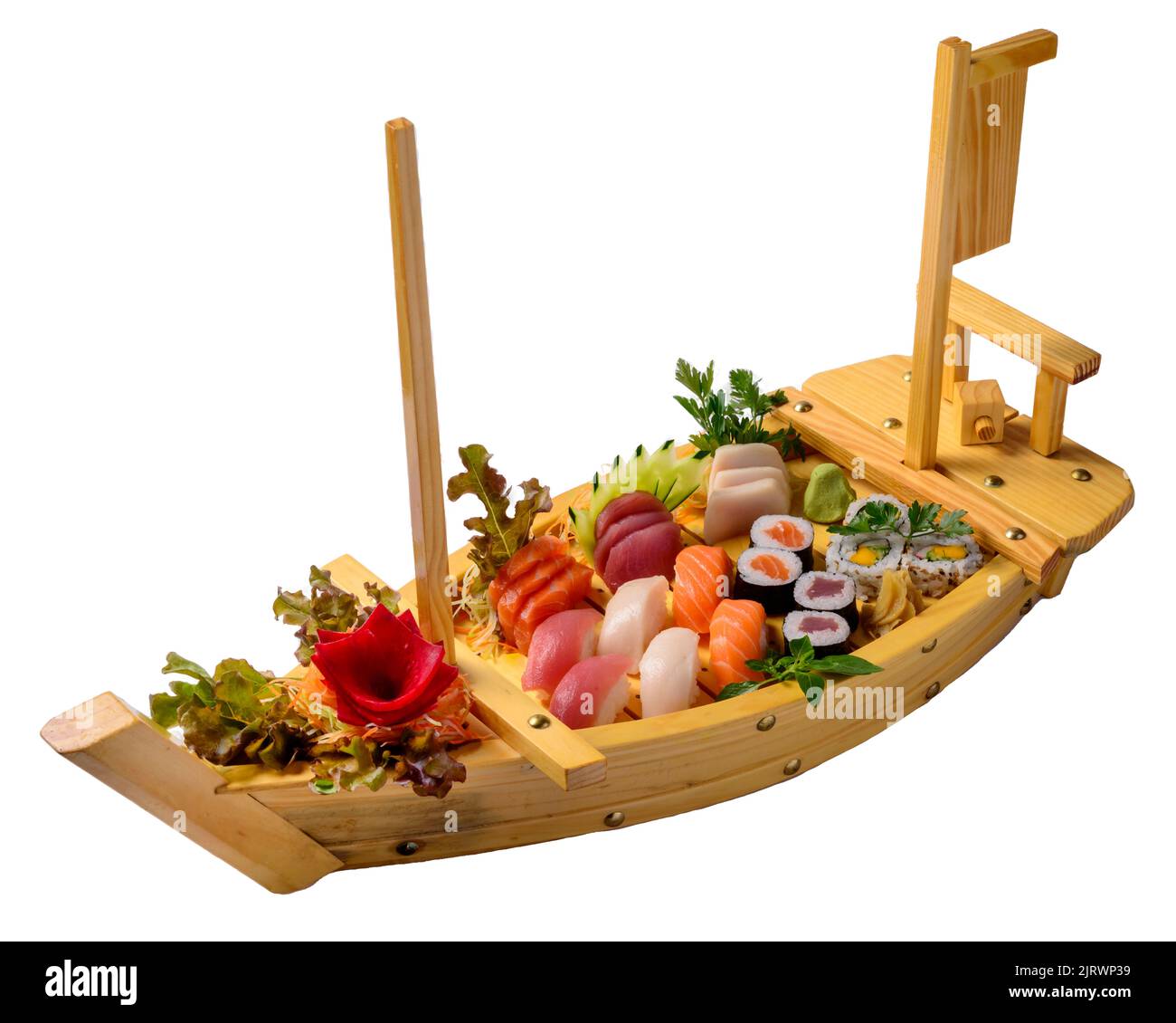 Japanese food mix including sushi and sashimi on wooden barge Stock ...