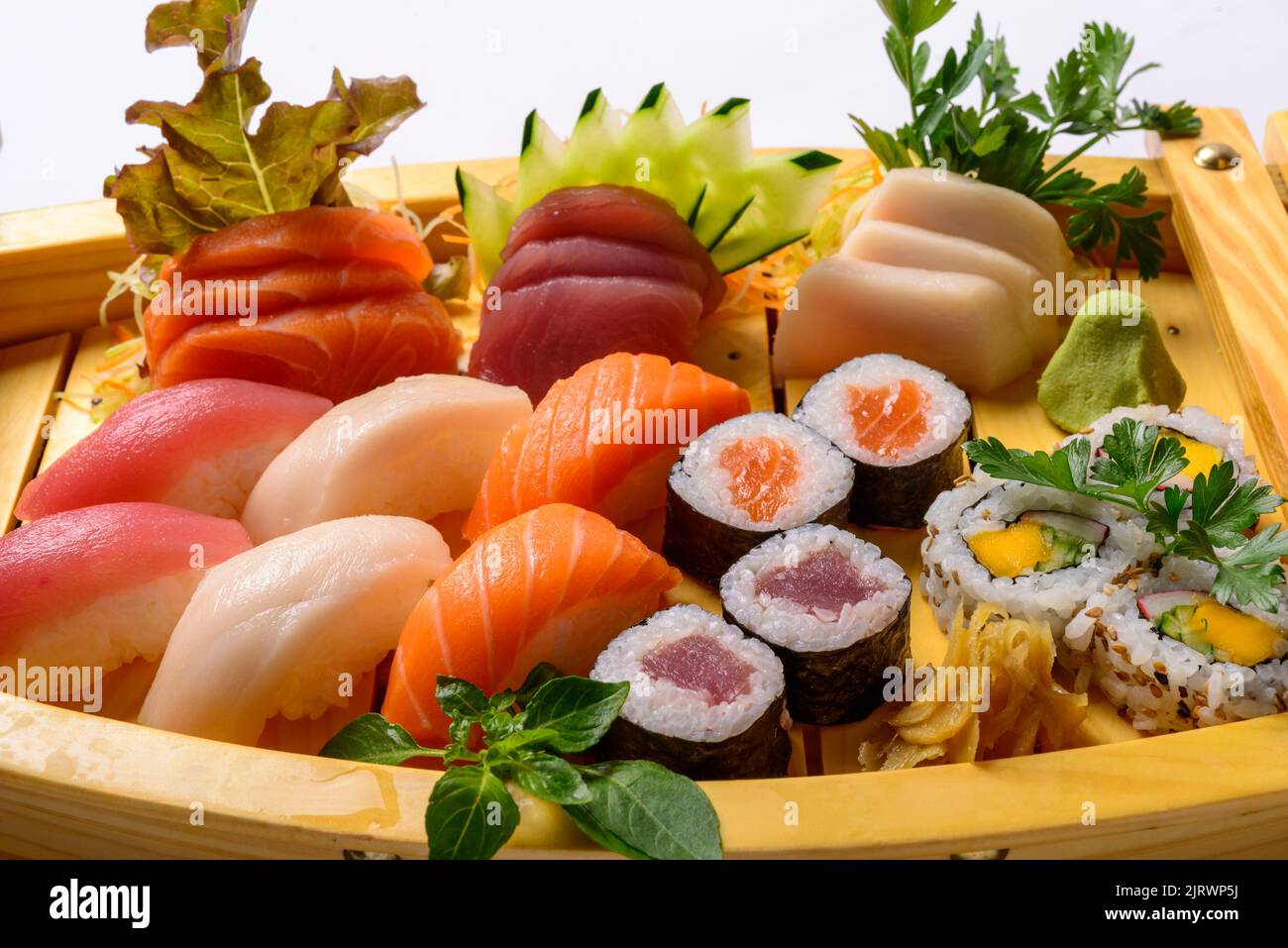 Japanese food mix including sushi and sashimi on wooden barge Stock ...