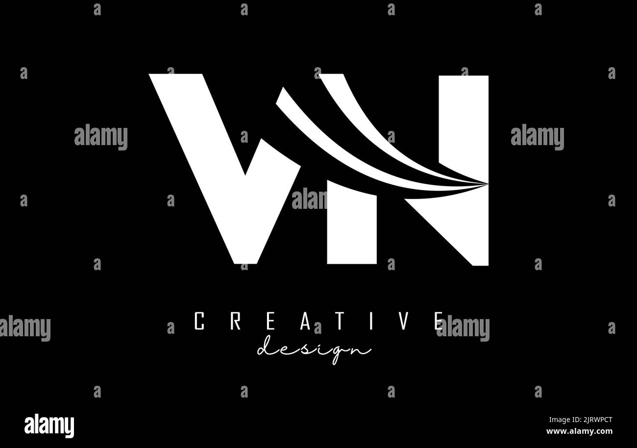 Creative white letter VN v n logo with leading lines and road concept ...