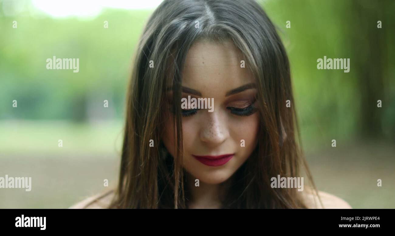 Girl in her 20s taking a deep breath. Young woman breathing the fresh ...