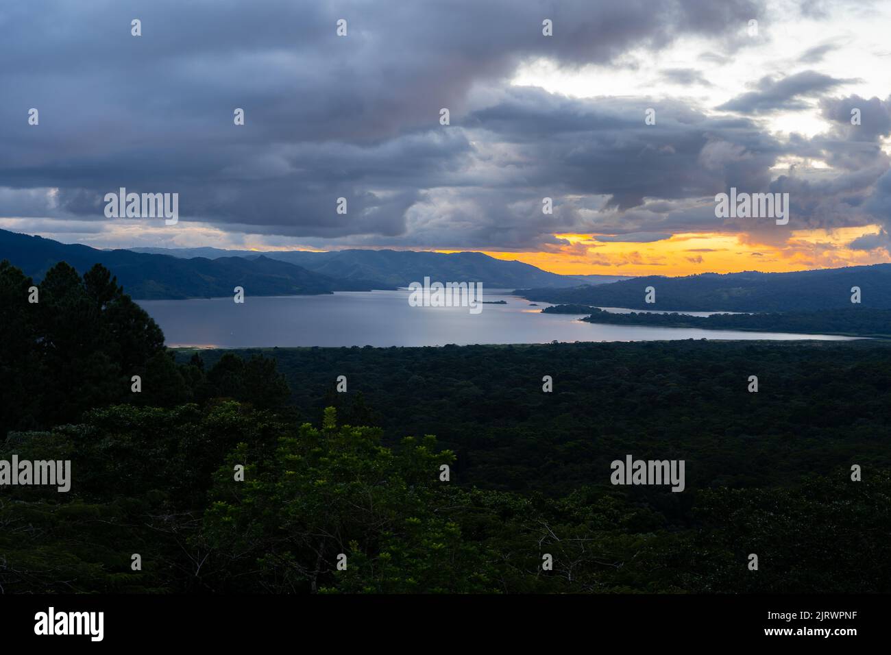 Beautiful aerial lview of Arenal Volcano, the arenal Lagoon, and rain ...