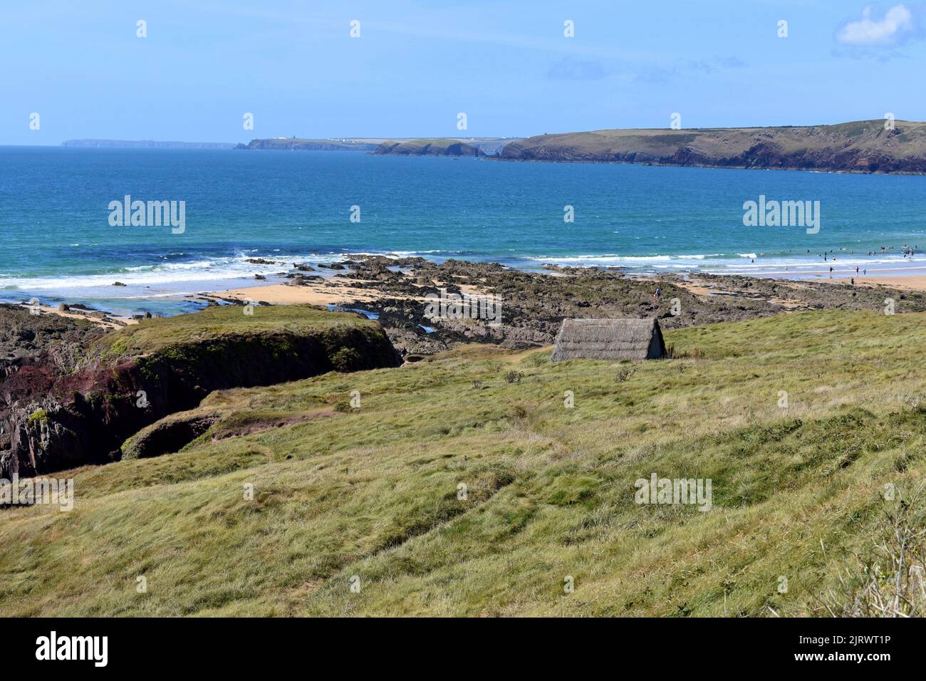 Freshwater West beach and the seaweed drying hut, Pembrokeshire, Wales ...