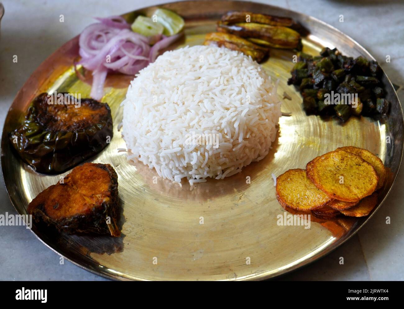 Bengal Thali with some vegetable fry served in metal plate Stock Photo ...