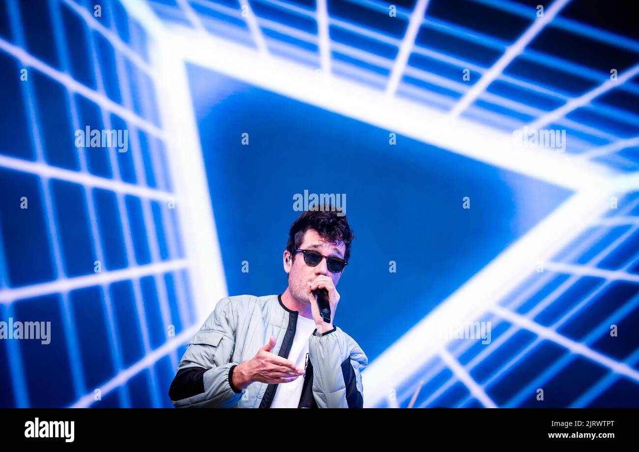 Dan Smith performs with his band Bastille, during the Leeds Festival ...
