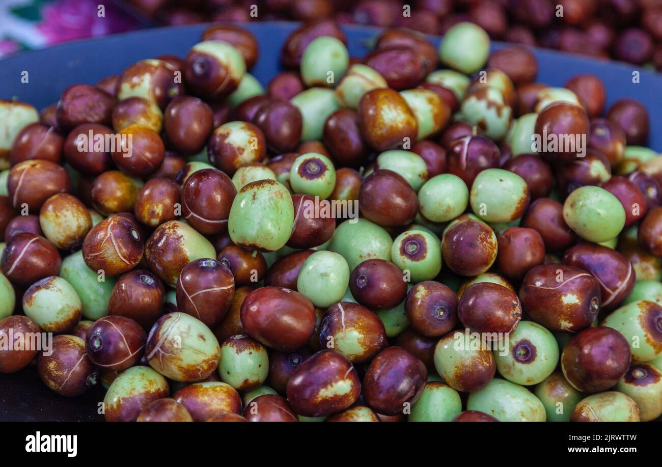 Selective focus on fresh jujube fruits. The pile of jujube. Close up ...