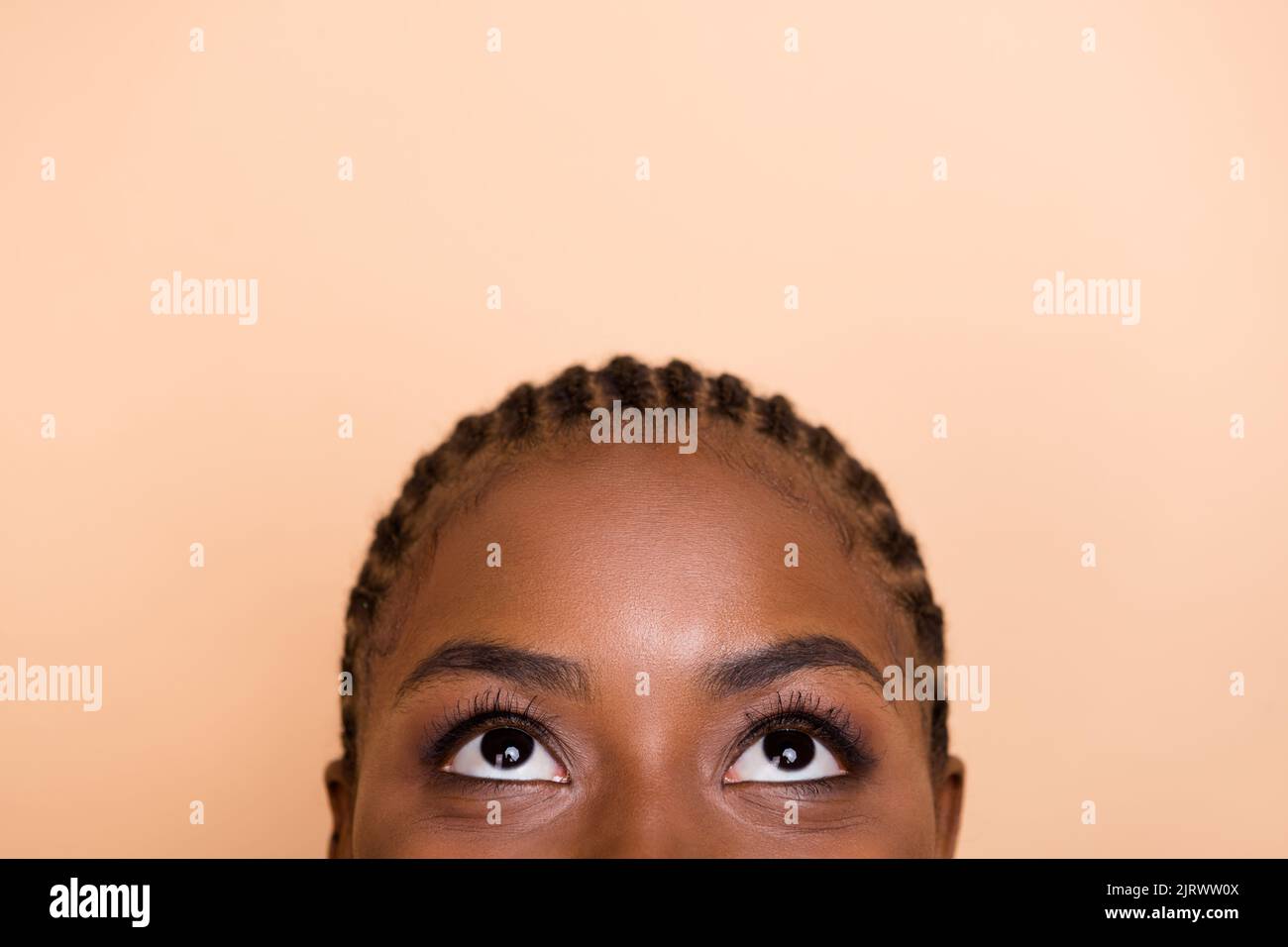 Cropped photo of braids hairdo young lady half face look promo isolated ...