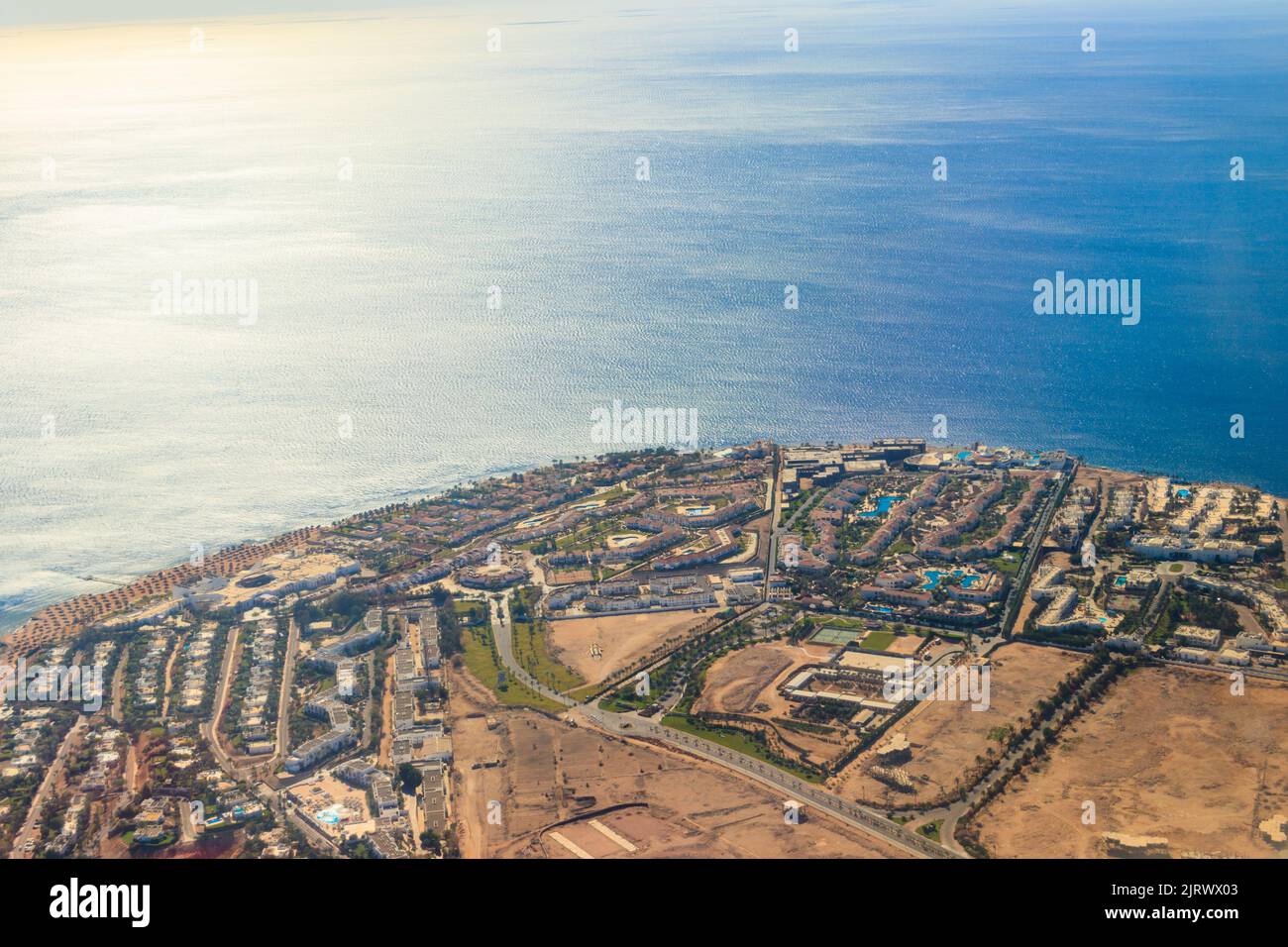 Aerial view on the Red sea and Sharm El Sheikh city, Egypt. View from ...