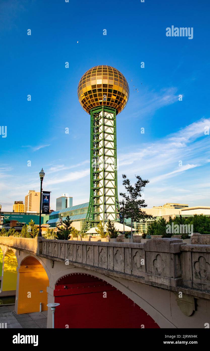 A vertical shot of the iconic Sunsphere truss at the Worlds Fair Park ...