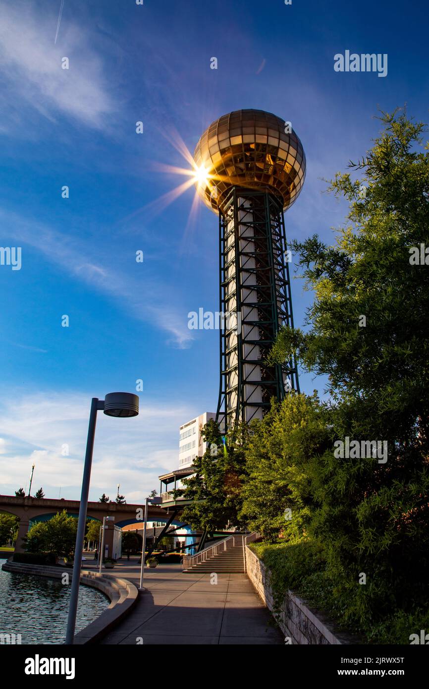 A low angle shot of the iconic Sunsphere truss at the Worlds Fair Park ...