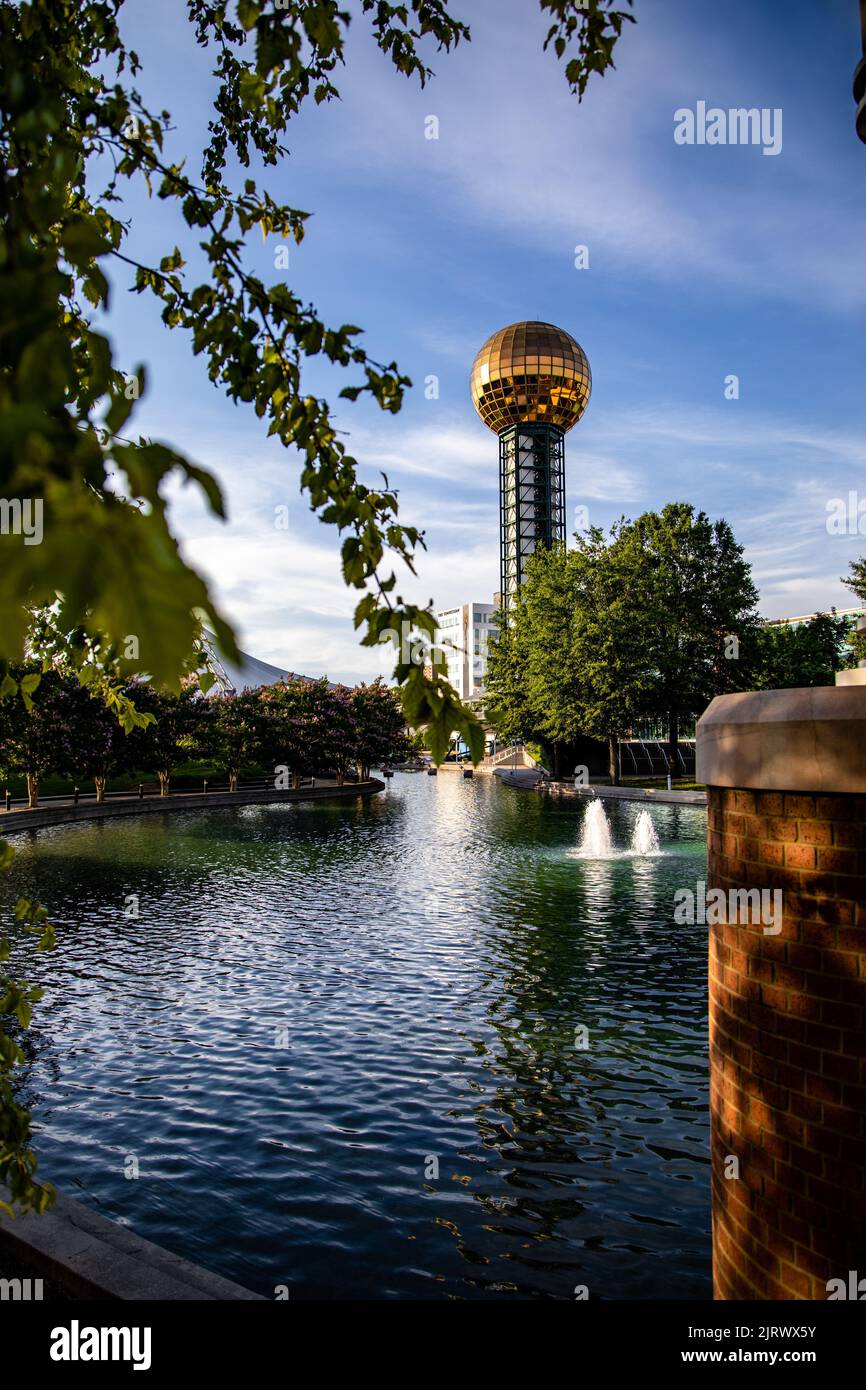 A vertical shot of the iconic Sunsphere truss at the Worlds Fair Park ...